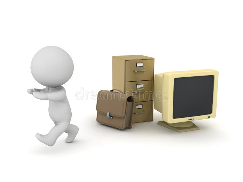 3D Character Running Away from a Computer Stock Illustration ...