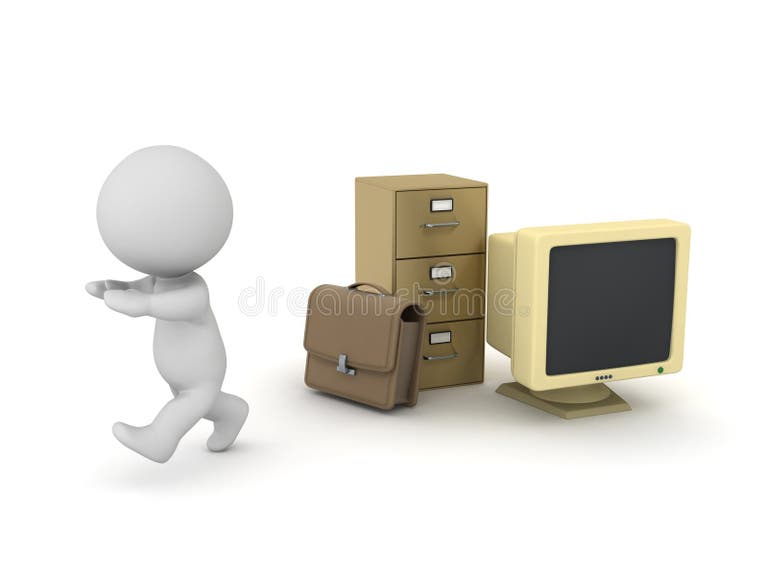 3D Character Running Away from a Computer Stock Illustration ...