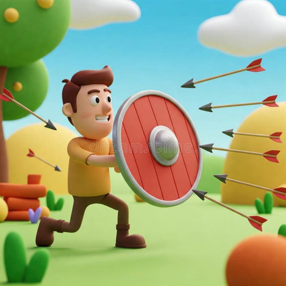 A 3D Character with a Shield Defends Himself from Flying Arrows. Stock ...