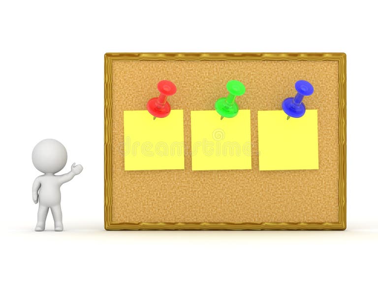 3D Character Showing Cork Board with Three Notes Stock Illustration ...