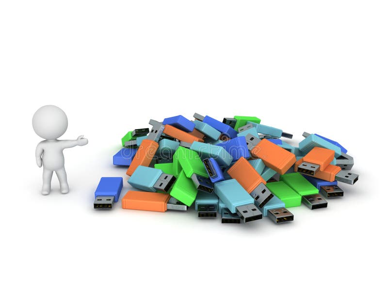 3D Character Showing Pile of USB Sticks Stock Illustration ...