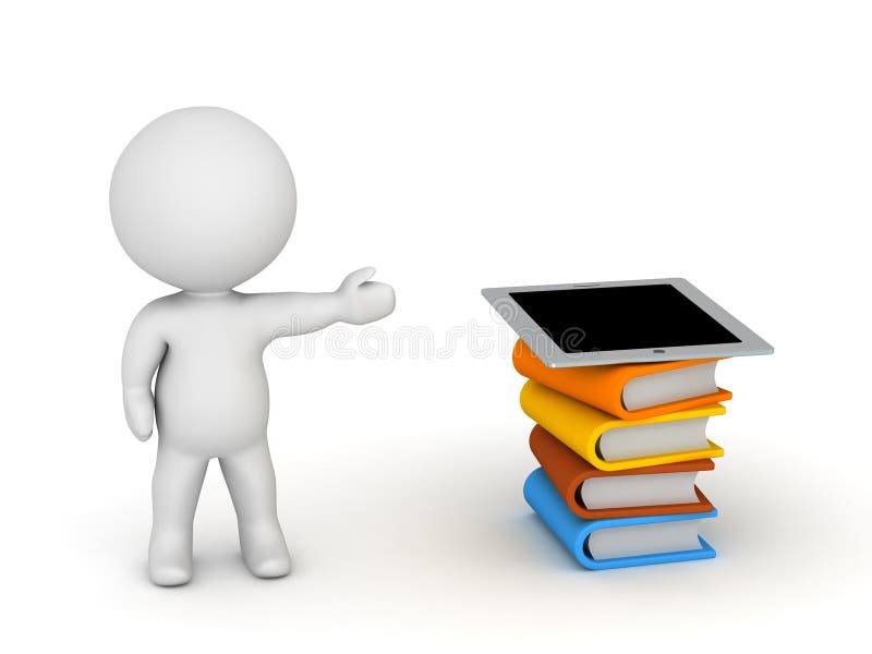 3D Character Showing Stack of Books and Tablet Stock Illustration ...