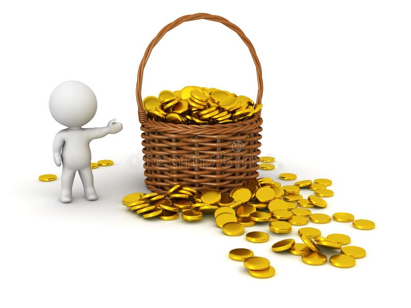 3D Character Showing Wicker Basket with Gold Coins Stock Illustration ...