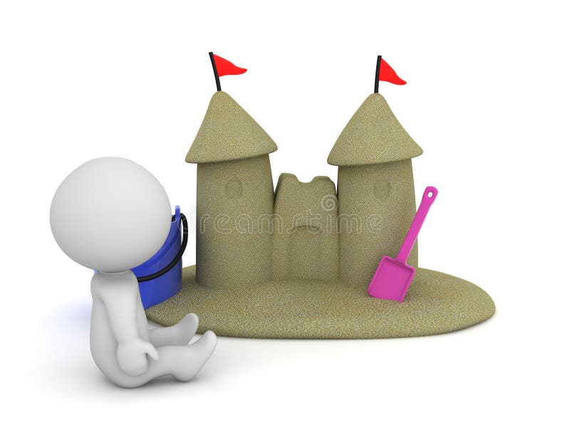 3D Character Sitting in Front of Sand Castle Stock Illustration ...