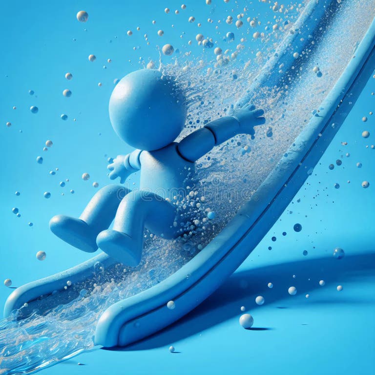 A 3D Character Slides Down a Water Slide into a Splash Stock ...