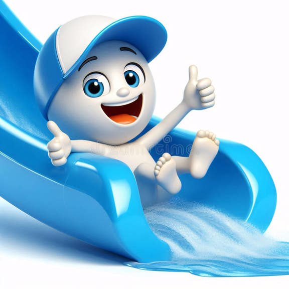 3D Character Sliding Down a Blue Slide with Water Splash Stock ...