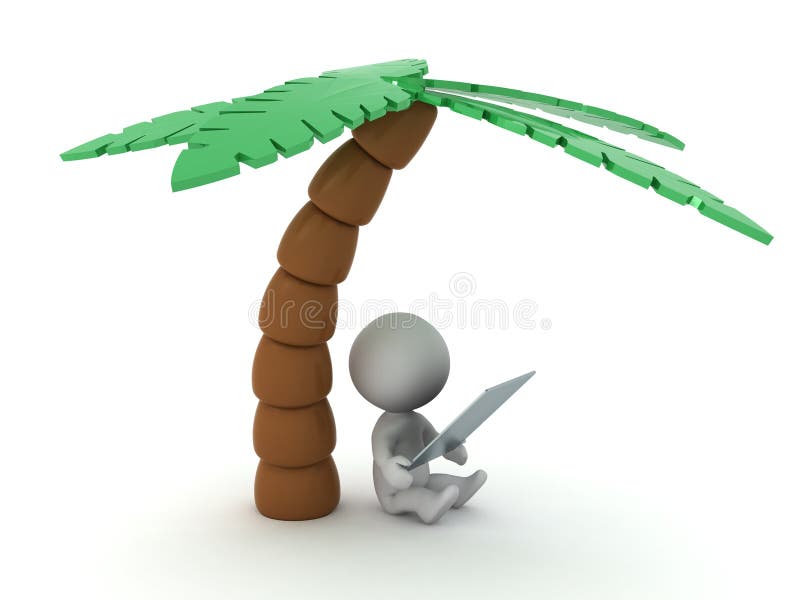 3D Character with Tablet Sitting Under a Palm Tree Stock Illustration ...