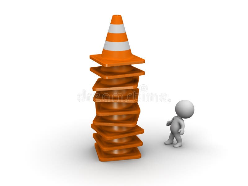 3D Character And Tall Stack Of Orange Road Cones Stock Illustration ...