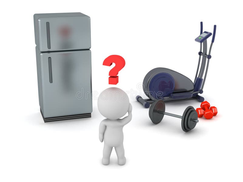 3D Character Thinking between Exercise and Refrigerator Stock ...