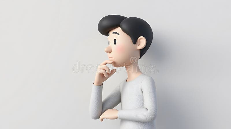 3D Character Thinking Pose in White Minimalist Setting, Cartoon Style ...