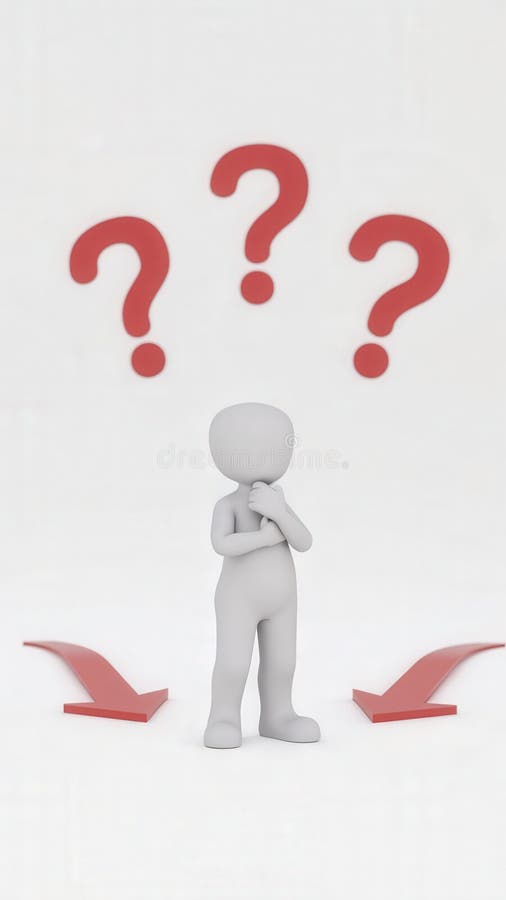 3d Character Thinking about the Right Decision with Question Marks and ...