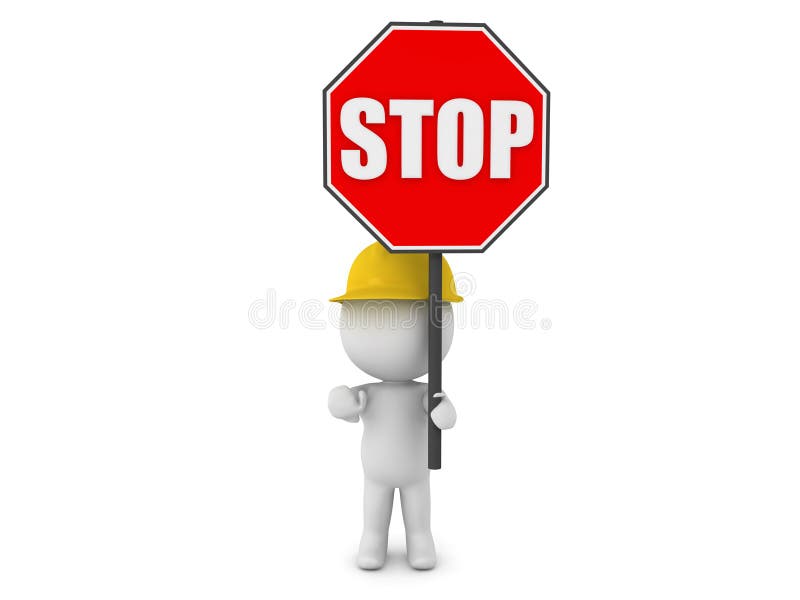 3D Character Wearing Hard Hat Holding a Stop Sign Stock Illustration ...