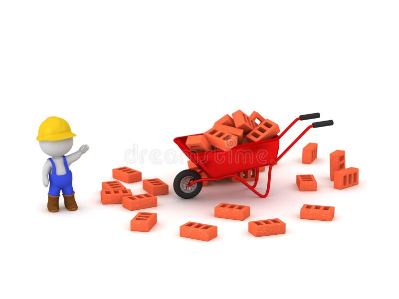 3D Character and a Wheelbarrow with Bricks Stock Illustration ...