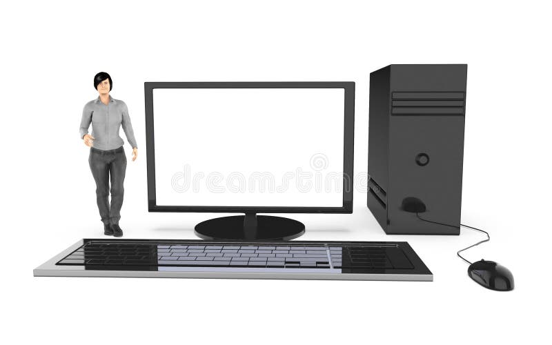 3d Character , Woman and a Computer / Desktop Stock Illustration ...