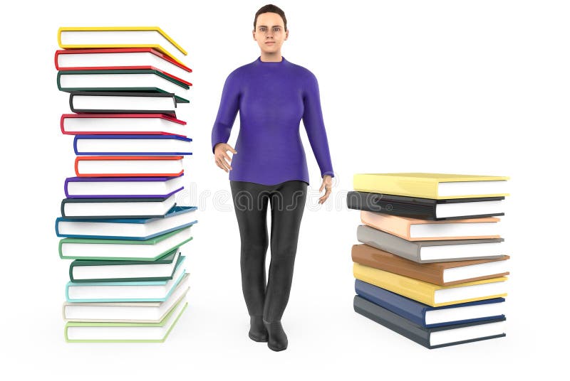 3d Character , Woman and a Pile of Books Stock Illustration ...