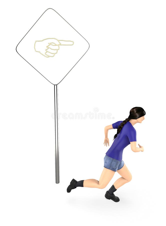 3d Character , Woman Running , Post with Hand Sign Stock Illustration ...