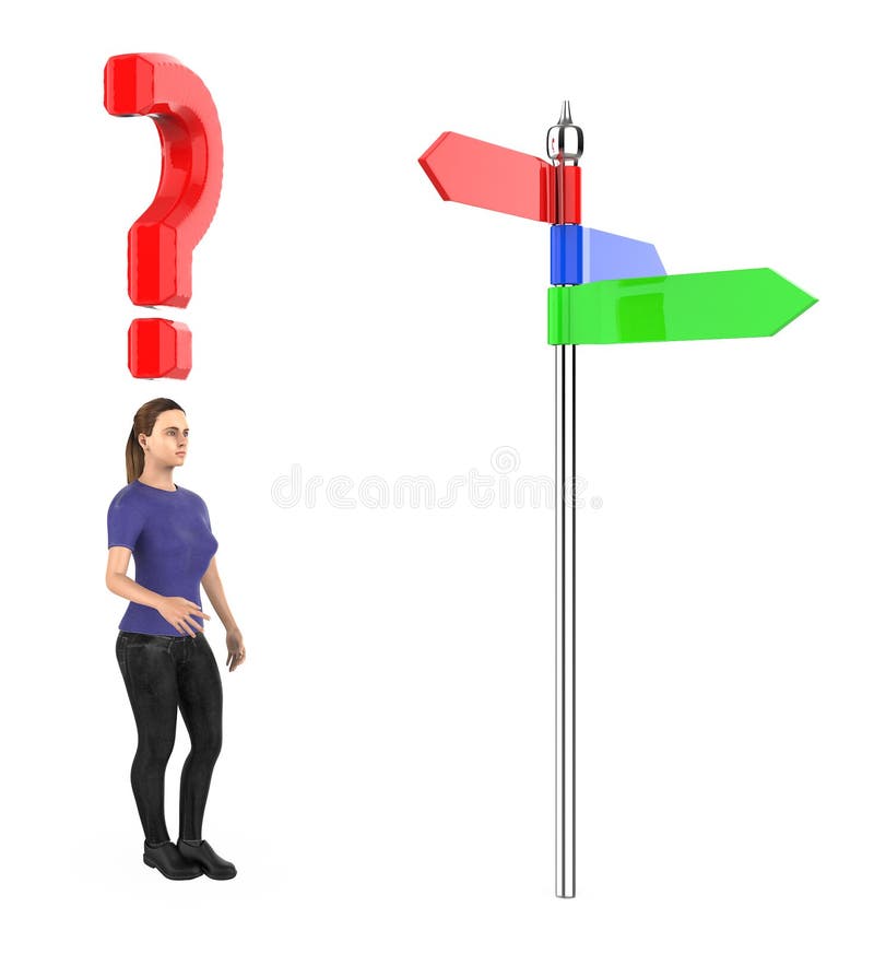 3d Character Woman Standing In Front Of A Arrow Sign Board Question Mark Over His Head