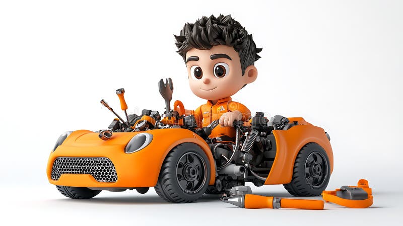 3D Character Working on a Stylized Car Model Stock Illustration ...