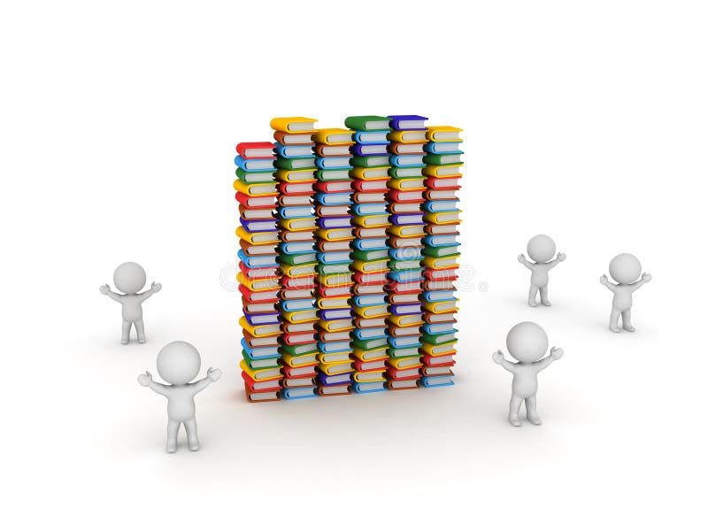 3D Characters Cheering and Tall Stack of Books Stock Illustration ...