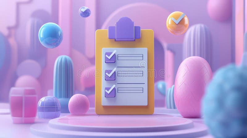 3D Checklist on Clipboard Surrounded by Colorful Abstract Shapes and ...