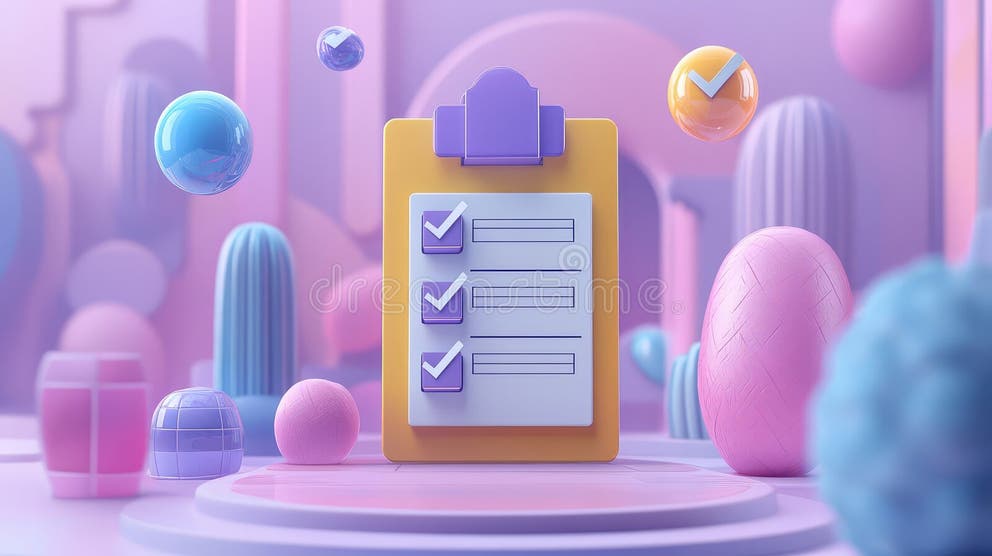 3D Checklist on Clipboard Surrounded by Colorful Abstract Shapes and ...