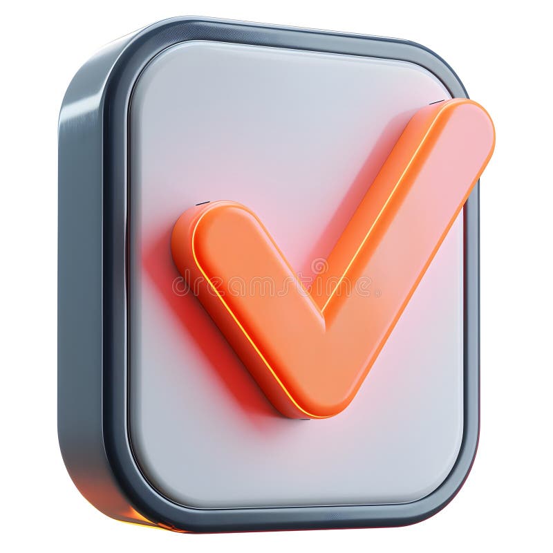 3D Checkmark Icon with a Glossy Metallic Frame and a Glowing Orange ...