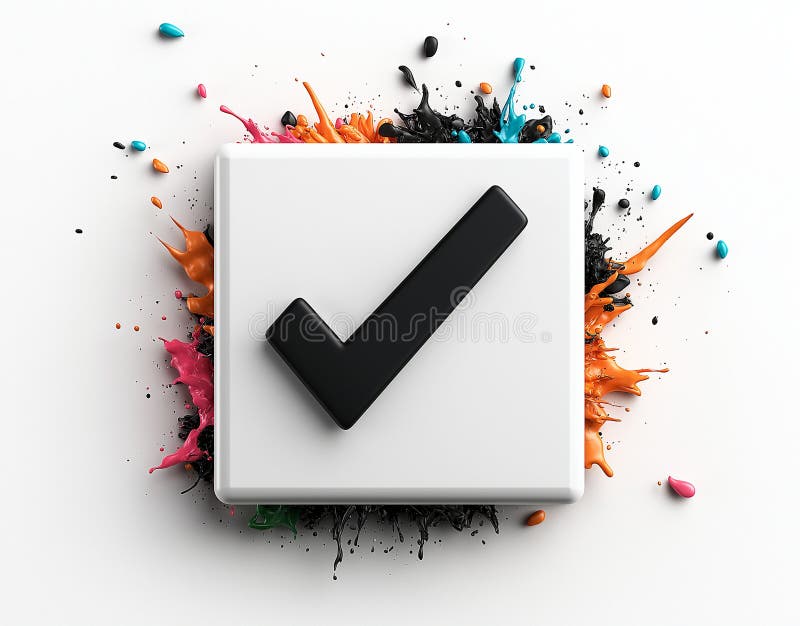 3D Checkmark Icon in Square Surrounded by Colorful Paint Splashes ...