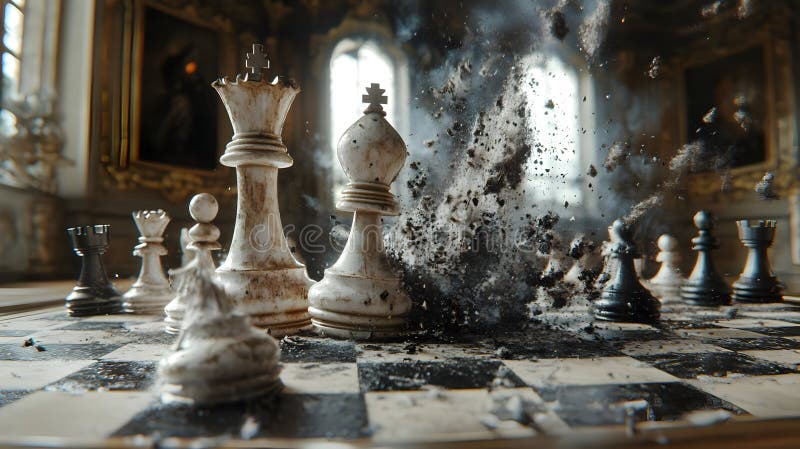 3D Chess Explosion Illustration: Dramatic Game Showdown Stock ...
