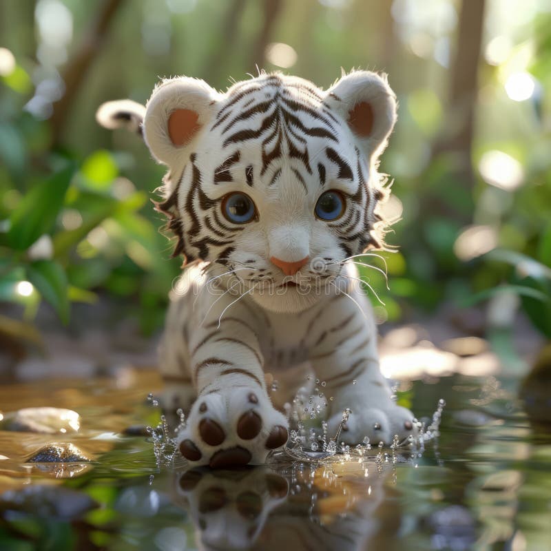 3D Chibi Scene of a Baby White Tiger Playing by a Crystal-clear Stream ...
