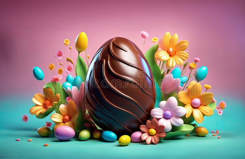 3D Chocolate Easter Egg Decorated with Spring Flowers. Easter Greeting ...
