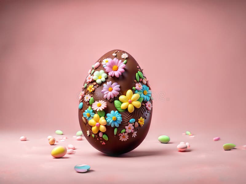 3D Chocolate Easter Egg Decorated with Spring Flowers. Easter Greeting ...