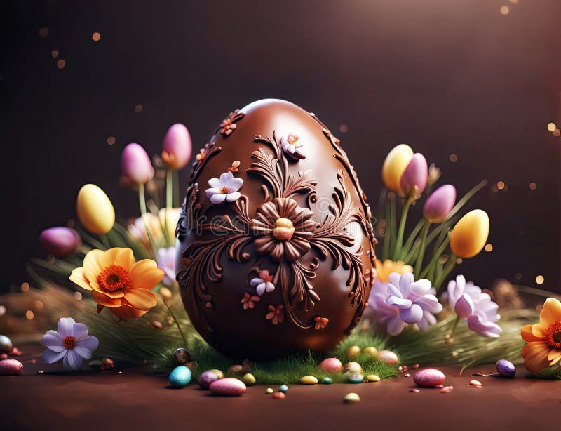 3D Chocolate Easter Egg Decorated with Spring Flowers. Easter Greeting ...