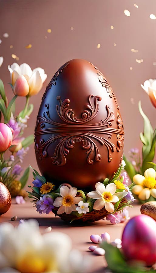 3D Chocolate Easter Egg Decorated with Spring Flowers. Easter Greeting ...