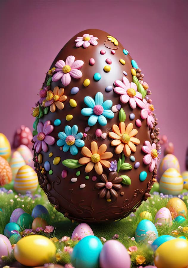3D Chocolate Easter Egg Decorated with Spring Flowers. Easter Greeting ...