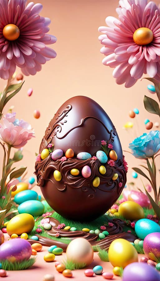 3D Chocolate Easter Egg Decorated with Spring Flowers. Easter Greeting ...