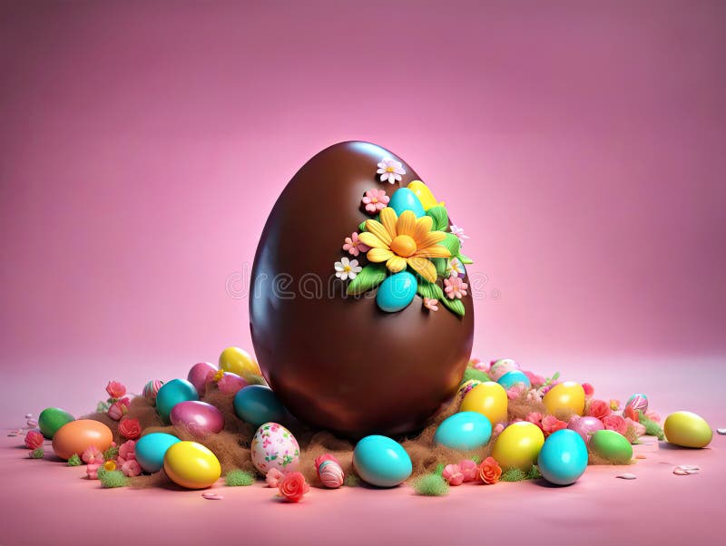 3D Chocolate Easter Egg Decorated with Spring Flowers. Easter Greeting ...