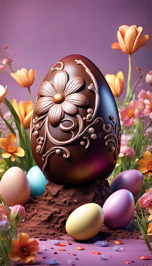 3D Chocolate Easter Egg Decorated with Spring Flowers. Easter Greeting ...