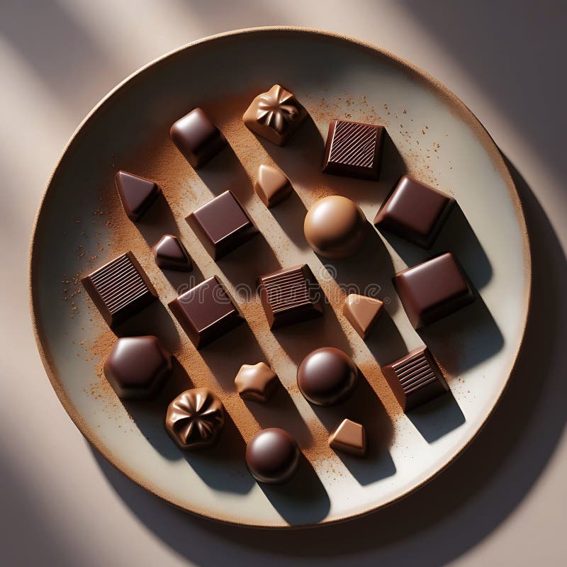 3D Chocolate Pieces with Golden Cocoa Dust on Ceramic Plate Stock ...