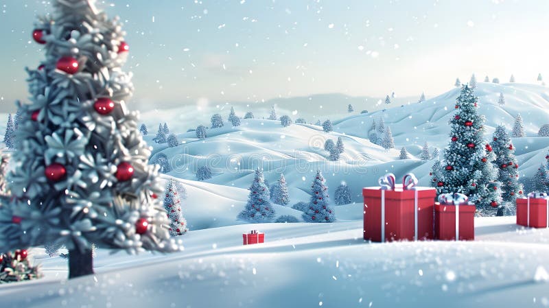3D Christmas Background with Snow-covered Trees and Gift Boxes Stock ...