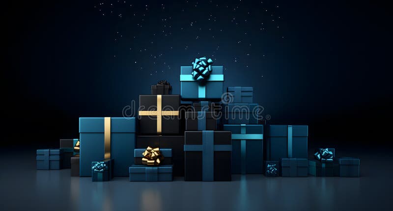 3D Christmas Card Design with Blue Presents on Dark Background Stock ...