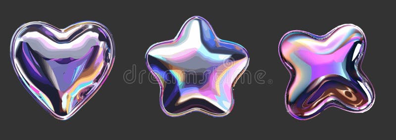 3D Chrome Y2k Shape Set, Vector Neon Liquid Star, Futuristic Metal ...