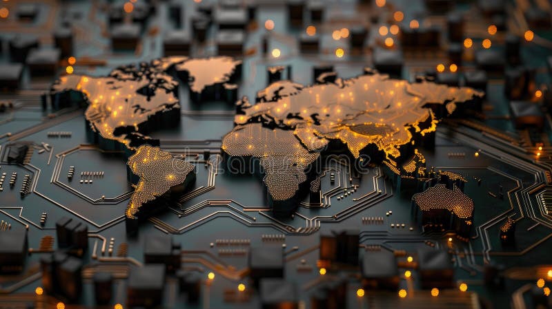 3D Circuit Board with Digital World Map Stock Illustration ...