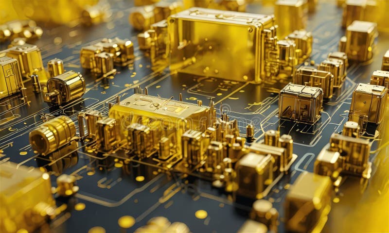 3D Circuit Board Features Complex Array Golden Metallic Components ...