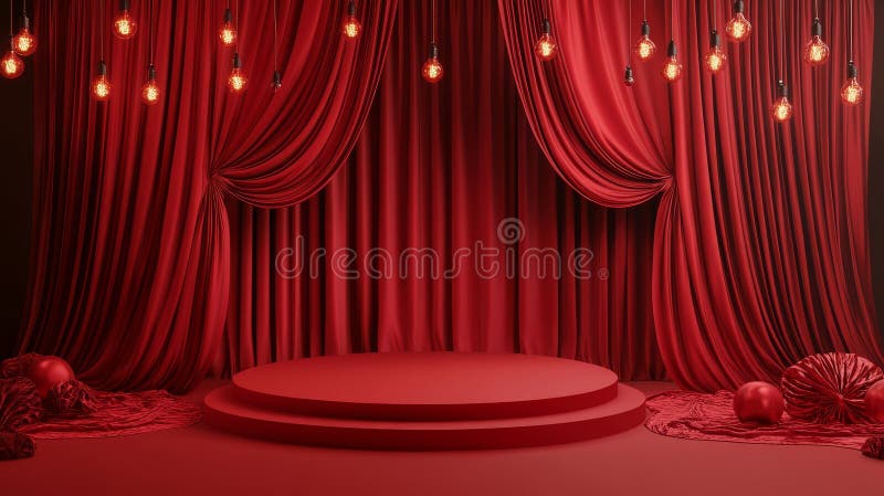 3D Circus Podium with Red Curtains and Bright Stage Lights Creates a ...