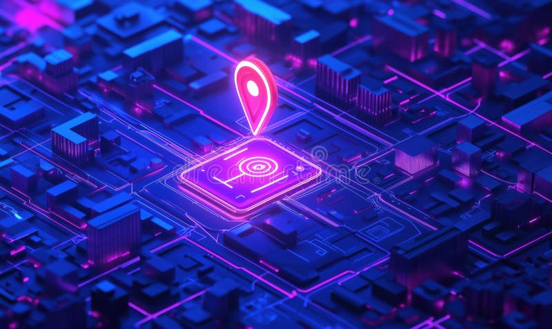 3D City Map with Glowing Location Pin and Neon Lights for Navigation ...