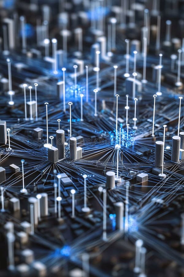 A 3D City Model Highlighting Telecommunications Network Lines and Hubs ...