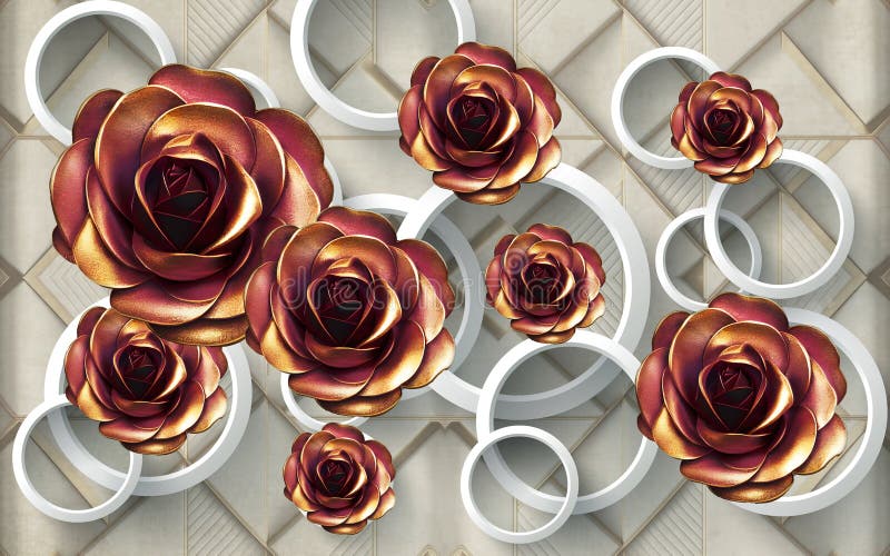3d Classic Mural Wallpaper. 3d Render Flowers and White Circle Stock ...