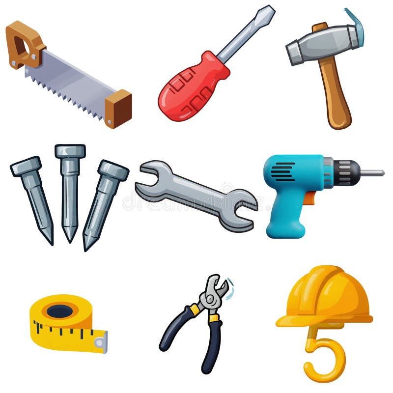 3D Clay Construction Tool Icons Including Drill, Hammer, Paint Roller ...