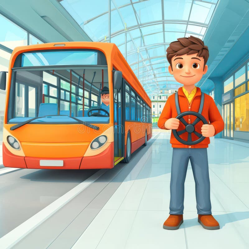 A 3D Clipart of a Bus Driver Holding a Steering Wheel, Standing on the ...