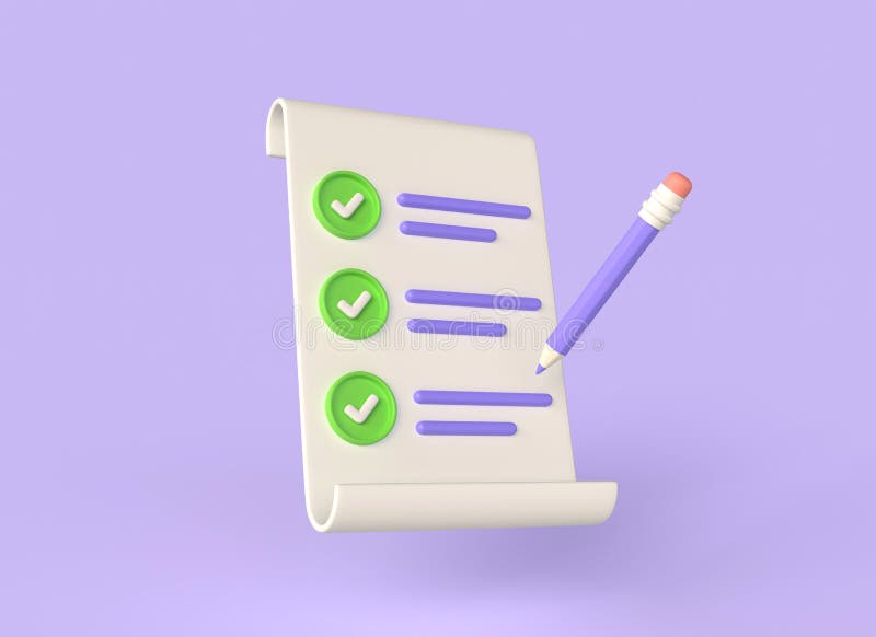 3D Clipboard with Completed Task List, Pencil and Green Checkmark ...